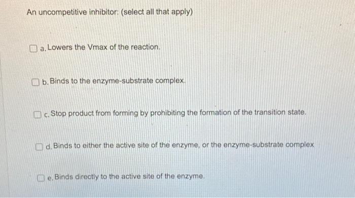 Solved An uncompetitive inhibitor: (select all that apply) | Chegg.com