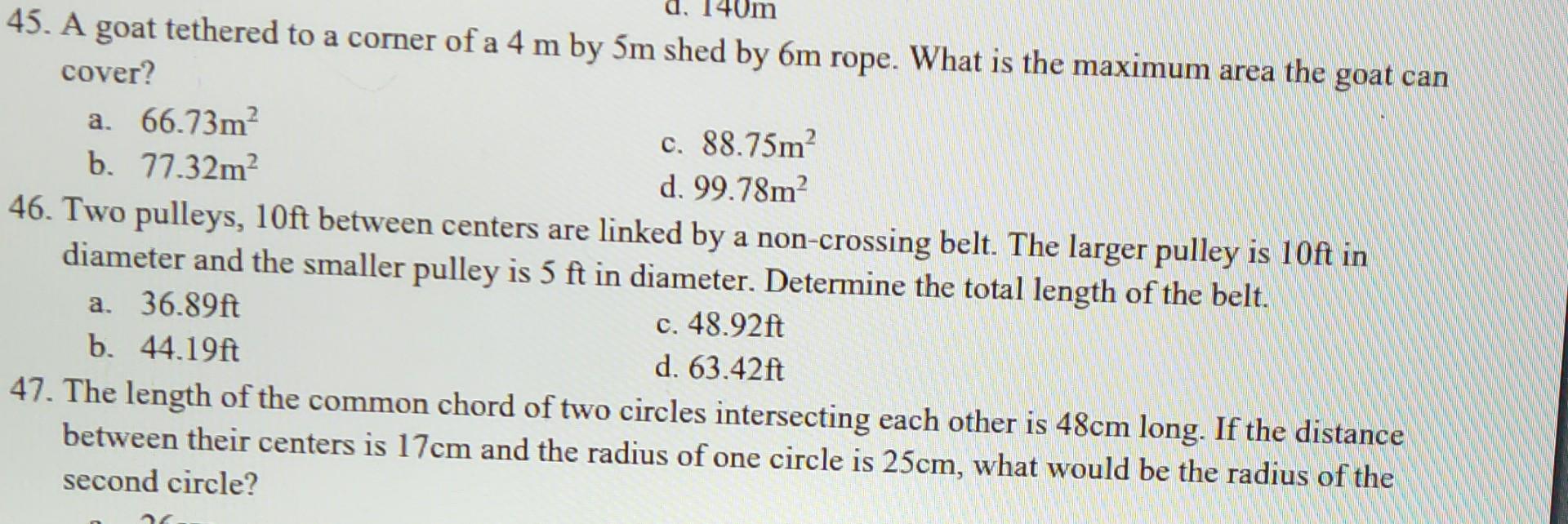 Solved d. 45. A goat tethered to a corner of a 4 m by 5m | Chegg.com
