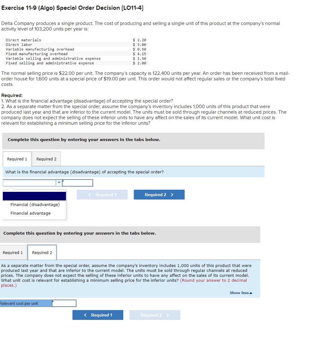 Solved Exercise 11-9 (Algo) ﻿Special Order Decision | Chegg.com