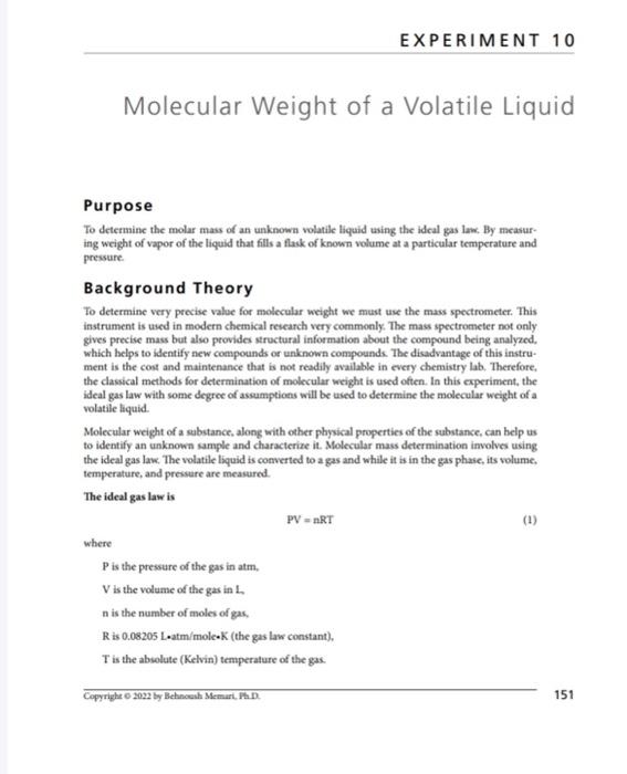 EXPERIMENT 10 Molecular Weight of a Volatile | Chegg.com