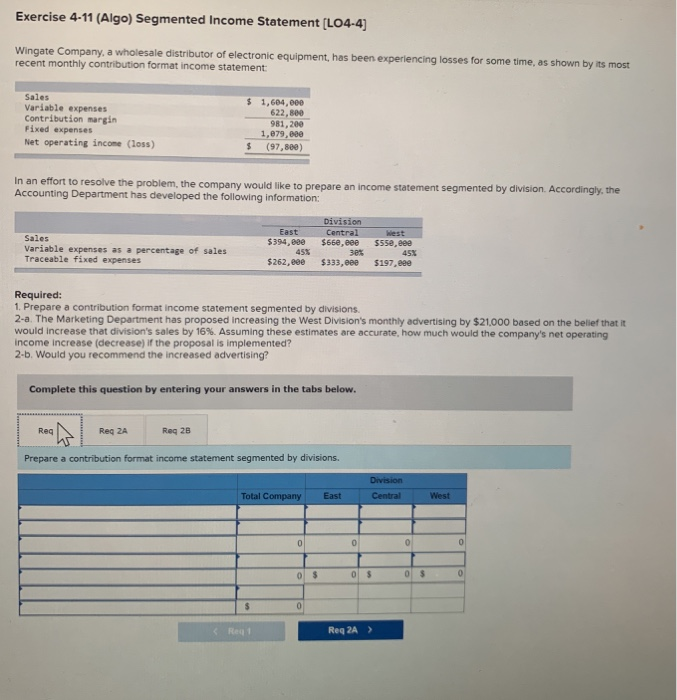 Solved Exercise 4-11 (Algo) Segmented Income Statement | Chegg.com