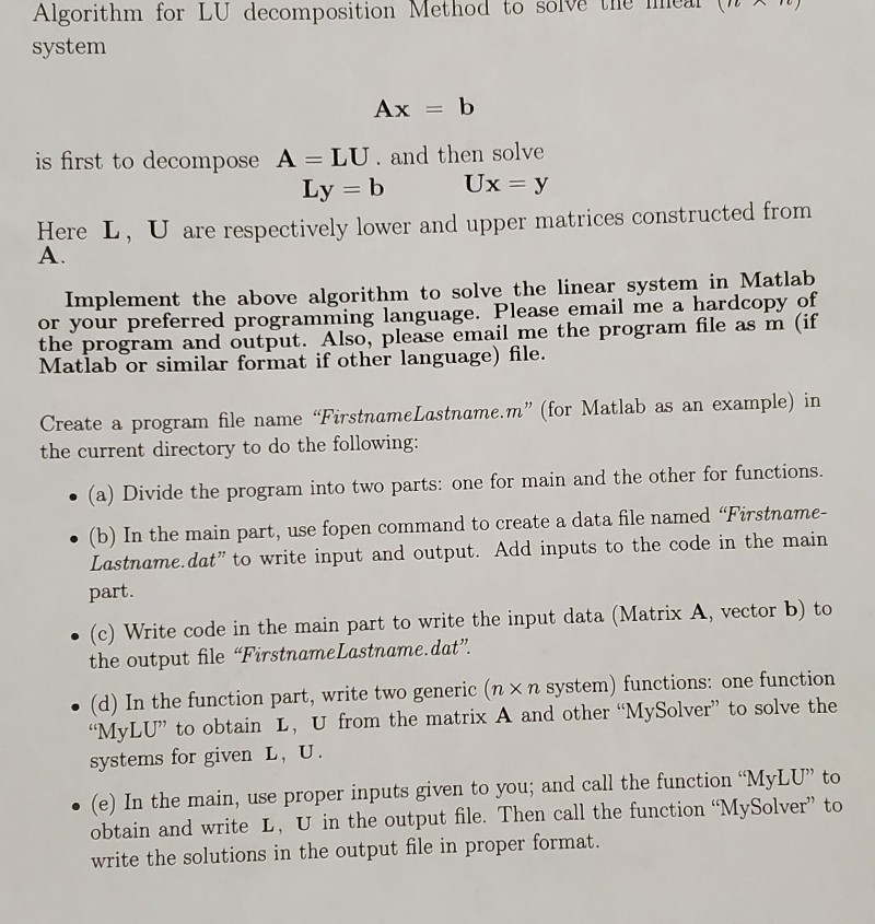 Solved for LU decomposition Method to solve the ma Algul | Chegg.com