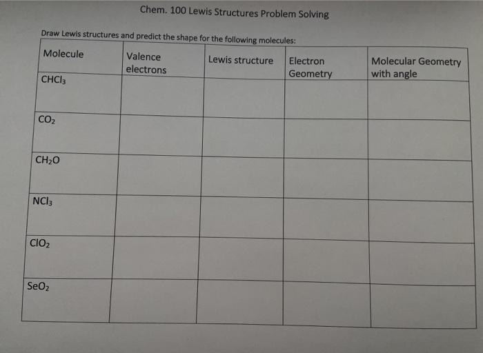 Solved Chem. 100 Lewis Structures Problem Solving Draw Lewis | Chegg.com