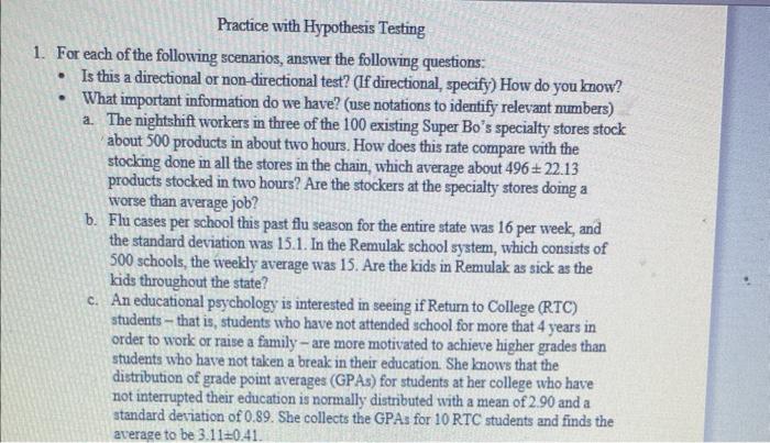 Solved Practice with Hypothesis Testing 1. For each of the | Chegg.com