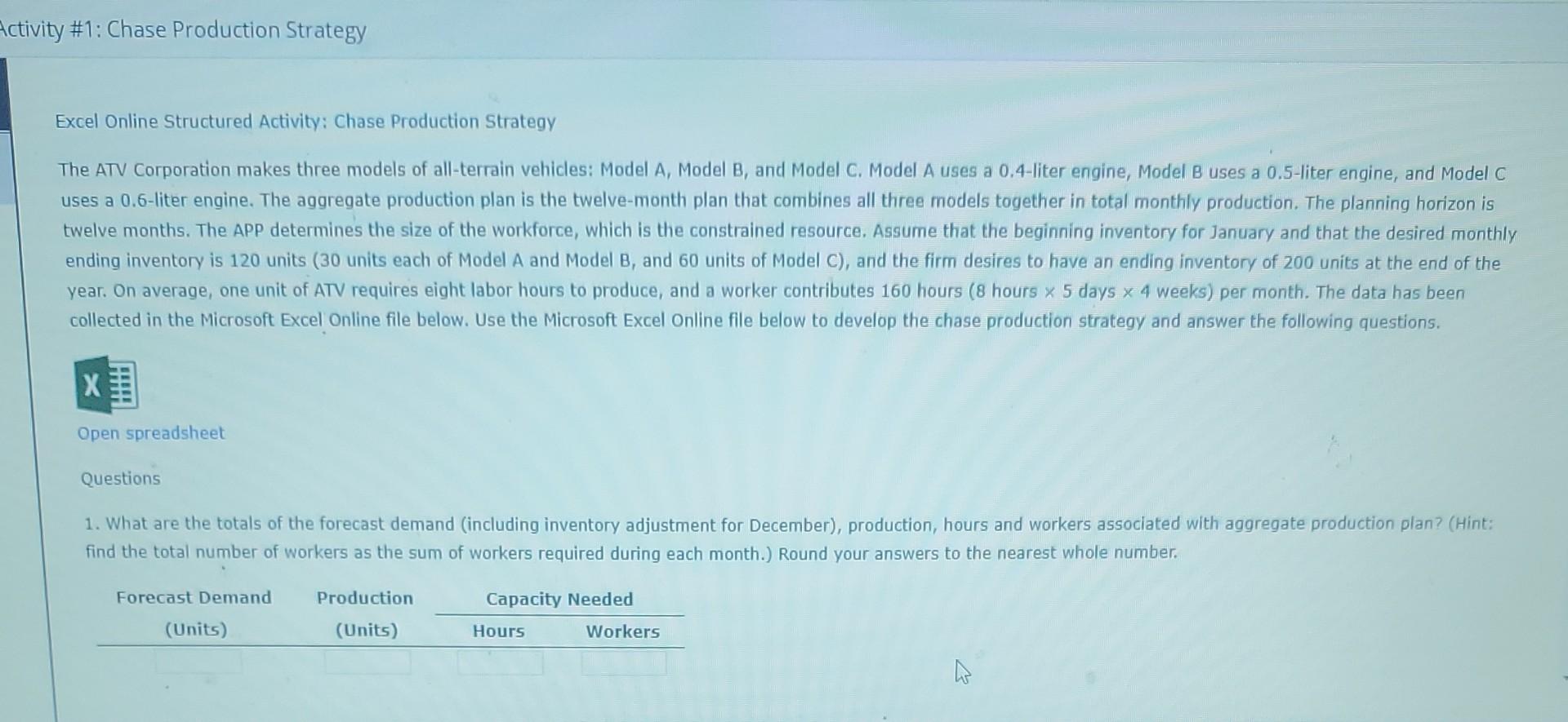Solved Excel Online Structured Activity: Chase Production | Chegg.com