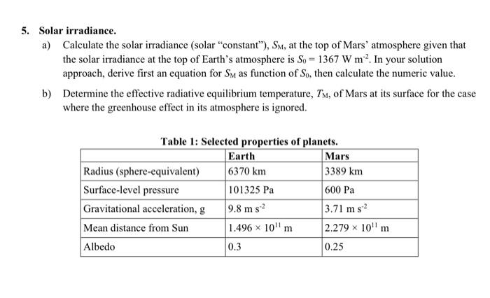 Solved 5. Solar irradiance. a) Calculate the solar | Chegg.com | Chegg.com