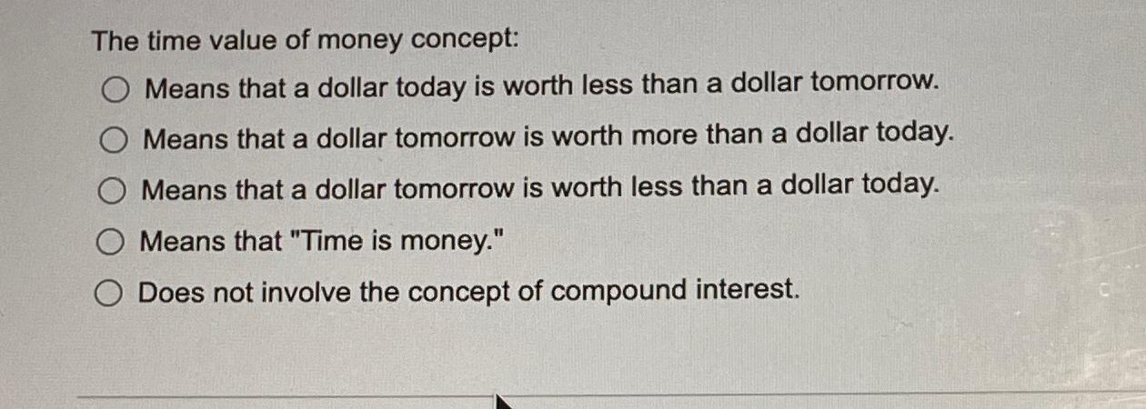 Solved The time value of money concept:Means that a dollar | Chegg.com