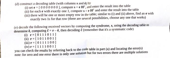 Solved (d) construct a decoding table (with columns s and e) | Chegg.com
