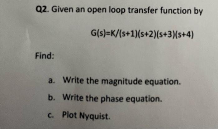 Solved Q2. Given an open loop transfer function by | Chegg.com