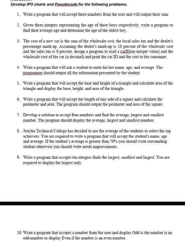 Solved Develop IPO charts and Pseudocode for the following | Chegg.com