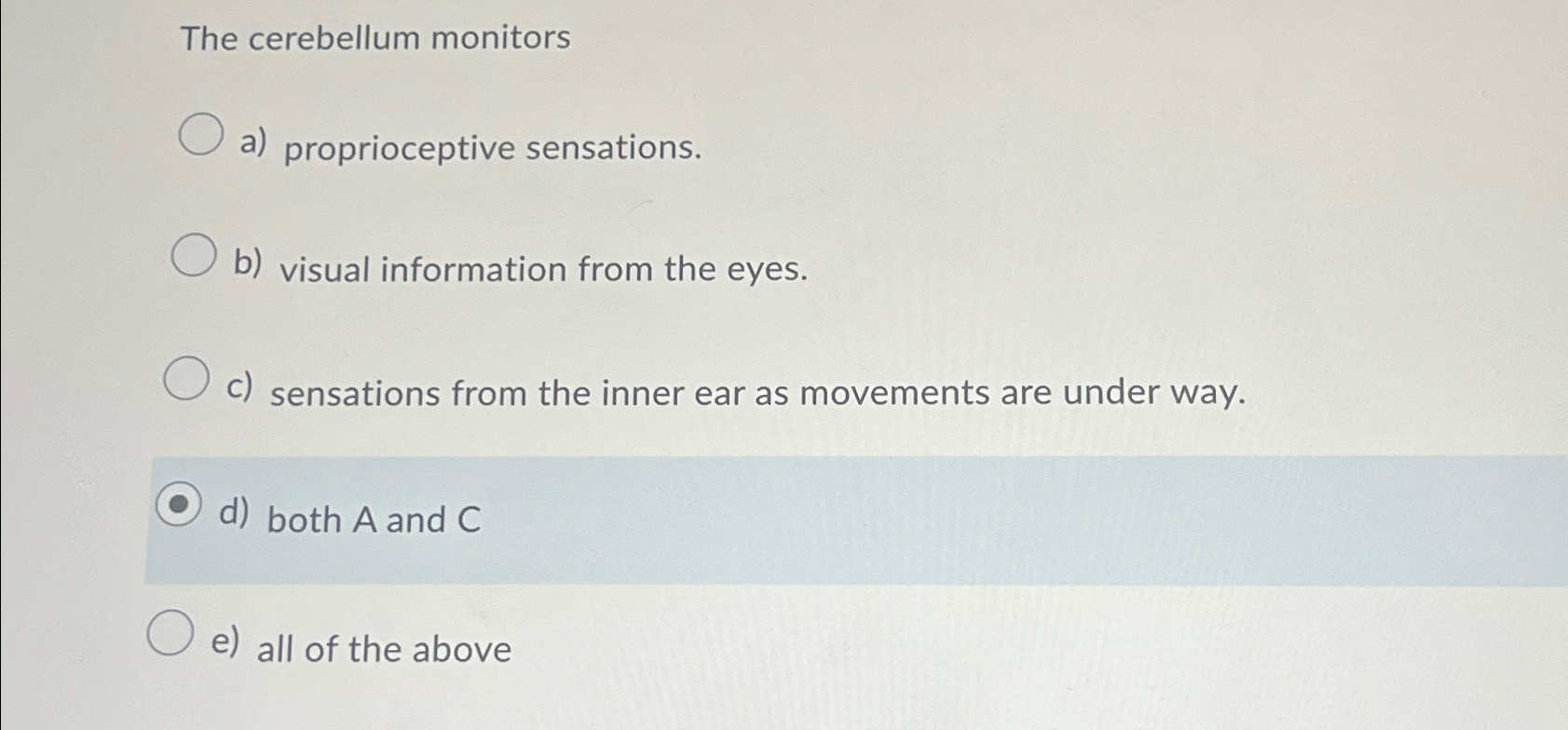Solved The cerebellum monitorsa) ﻿proprioceptive | Chegg.com