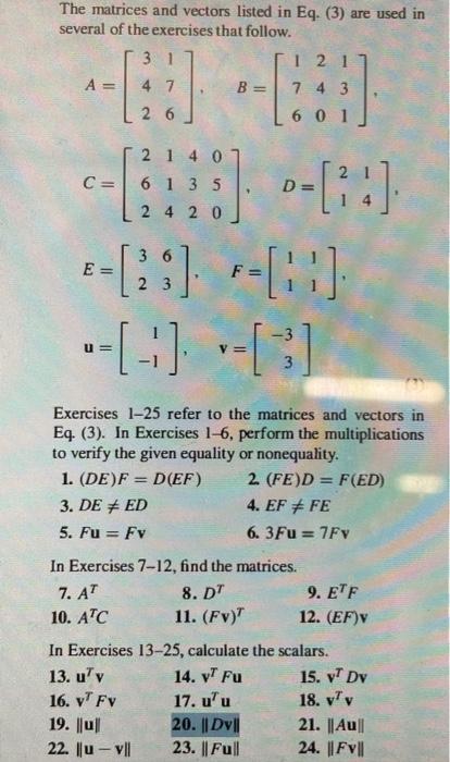 Solved The matrices and vectors listed in Eq. (3) are used | Chegg.com