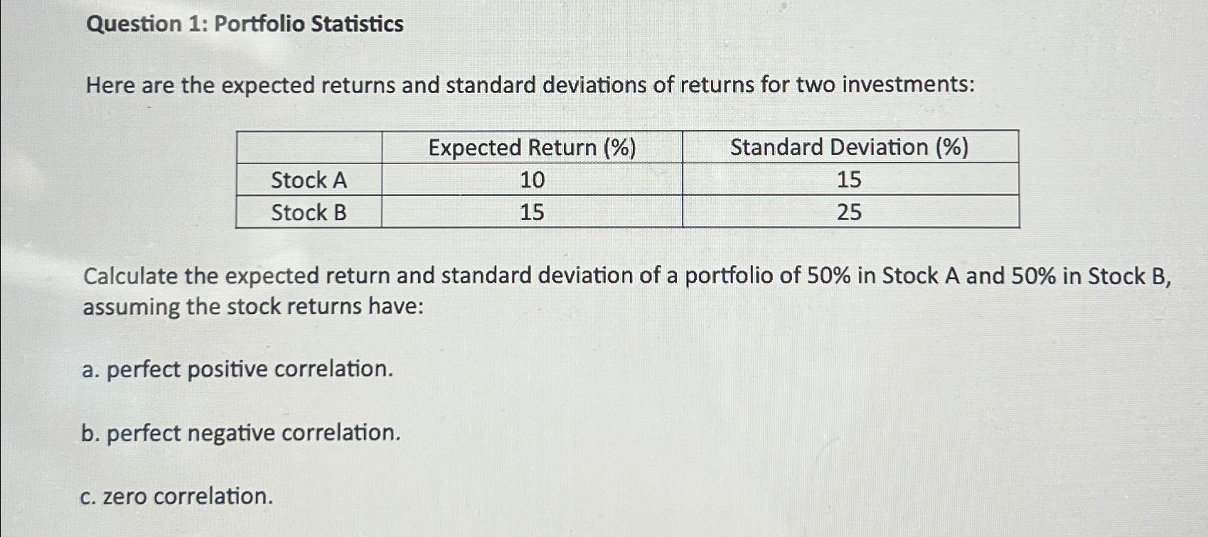 Question 1: Portfolio StatisticsHere are the expected | Chegg.com