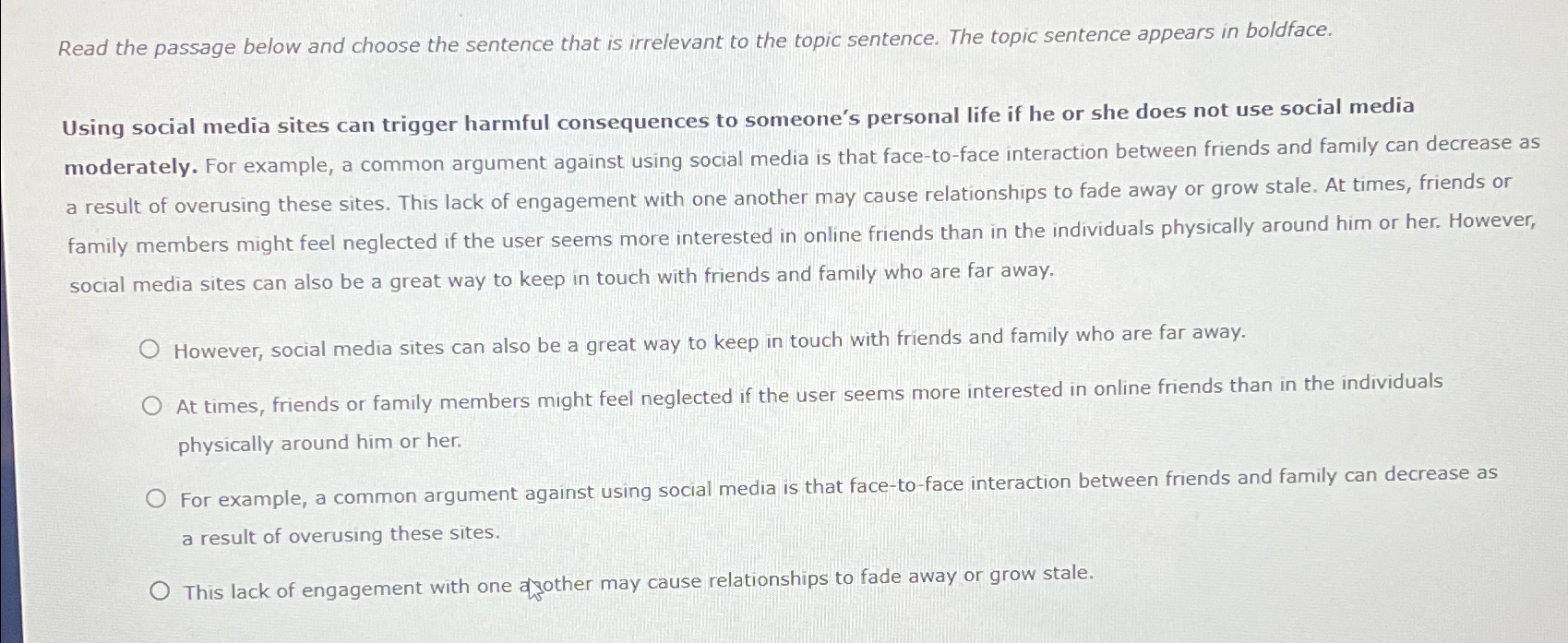 Solved Read the passage below and choose the sentence that | Chegg.com