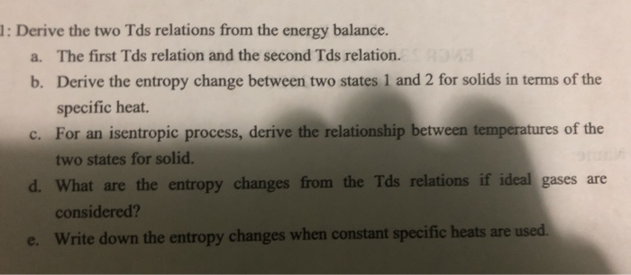 Solved 1: Derive the two Tds relations from the energy | Chegg.com