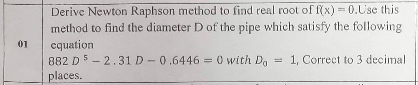 Solved 01 Derive Newton Raphson method to find real root of | Chegg.com