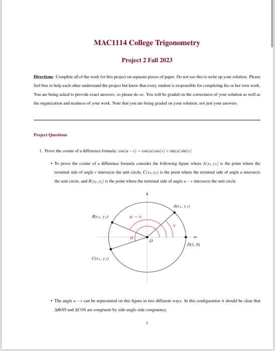Solved MAC1114 College Trigonometry Project 2 Fall 2023 | Chegg.com