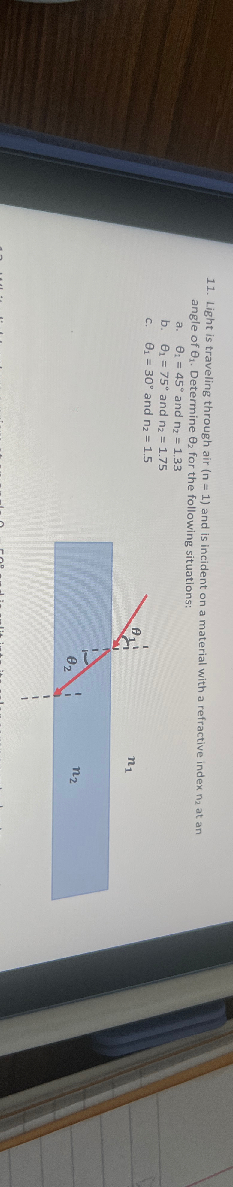Solved Light is traveling through air )=(1 ﻿and is incident | Chegg.com