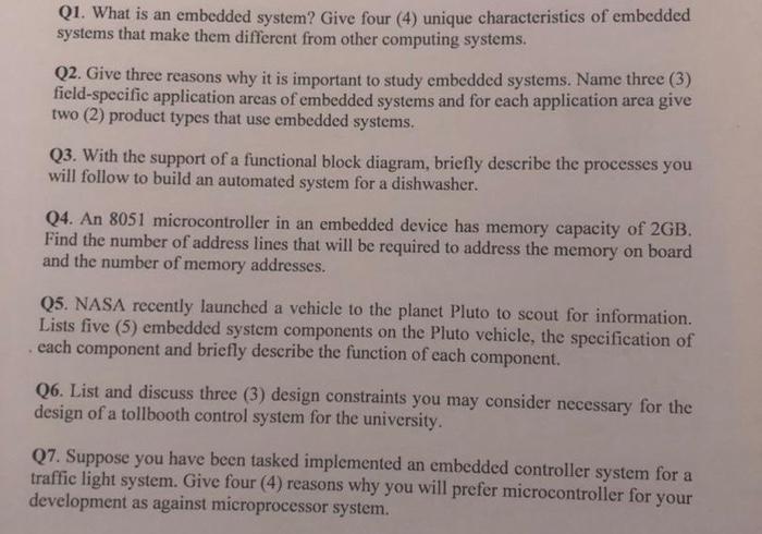 Solved Q1. What is an embedded system? Give four (4) unique | Chegg.com