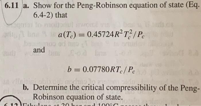 Solved 6.11 a. Show for the Peng-Robinson equation of state | Chegg.com