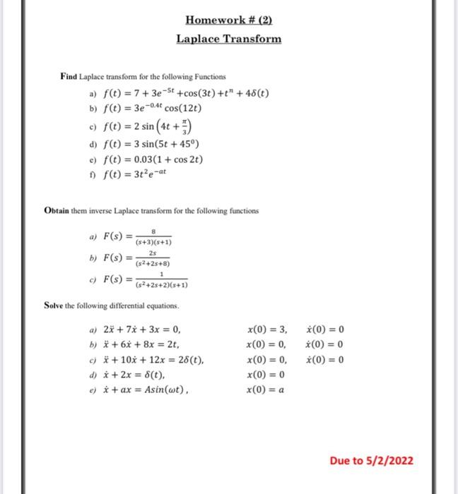 Solved Homework # (2) Laplace Transform -0.40 Find Laplace | Chegg.com