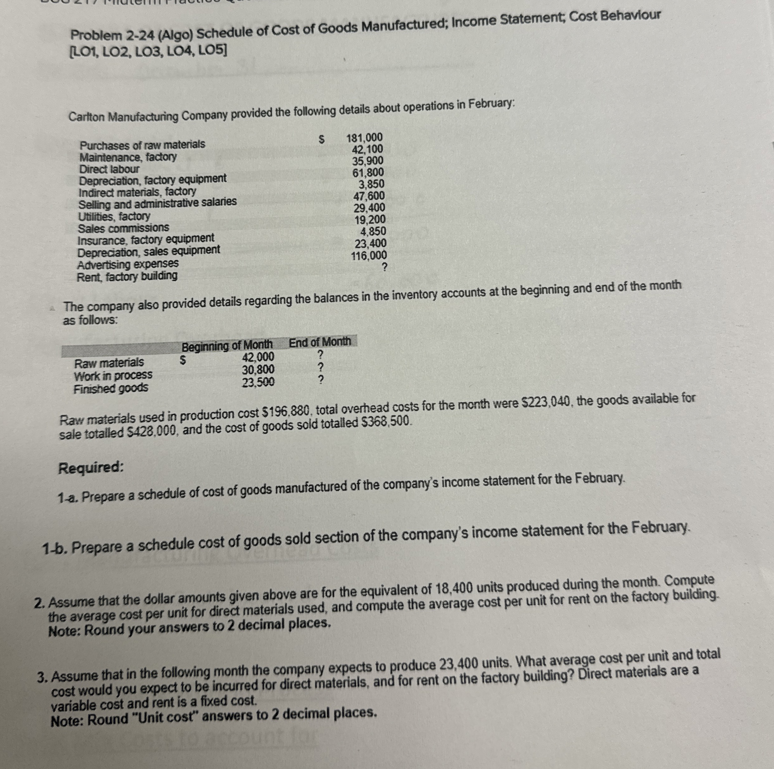 Solved Problem 2-24 (Algo) ﻿Schedule of Cost of Goods | Chegg.com