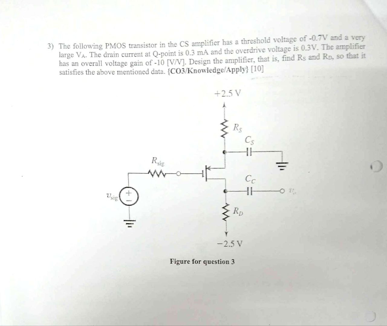 Solved 3) ﻿The following PMOS transistor in the CS amplifier | Chegg.com