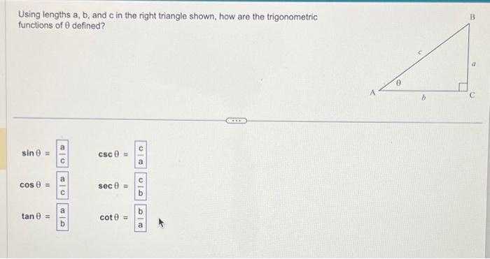 Solved Using lengths a, b, and c in the right triangle | Chegg.com