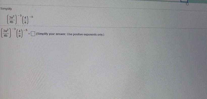 Solved Simplify -5 3a? 4b -3 4 -5 3a 4b (Simplify your | Chegg.com