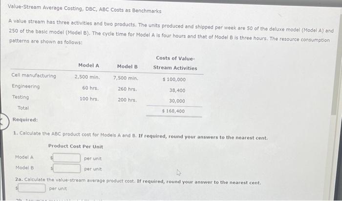 Model A Value-Stream Average Costing, DBC, ABC Costs | Chegg.com