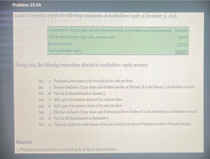Solved Problem 13-2A Kohler Corporation reports the | Chegg.com