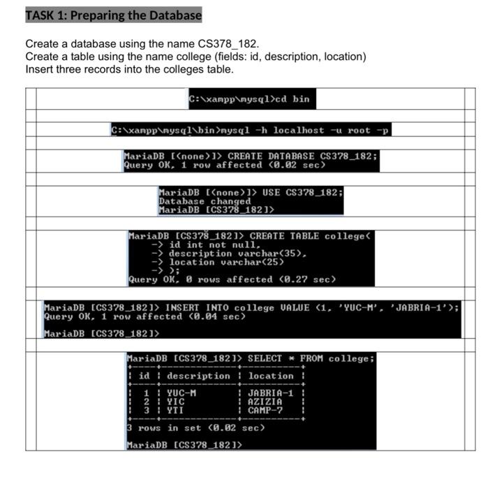 Create a database using the name CS378_182. Create a | Chegg.com