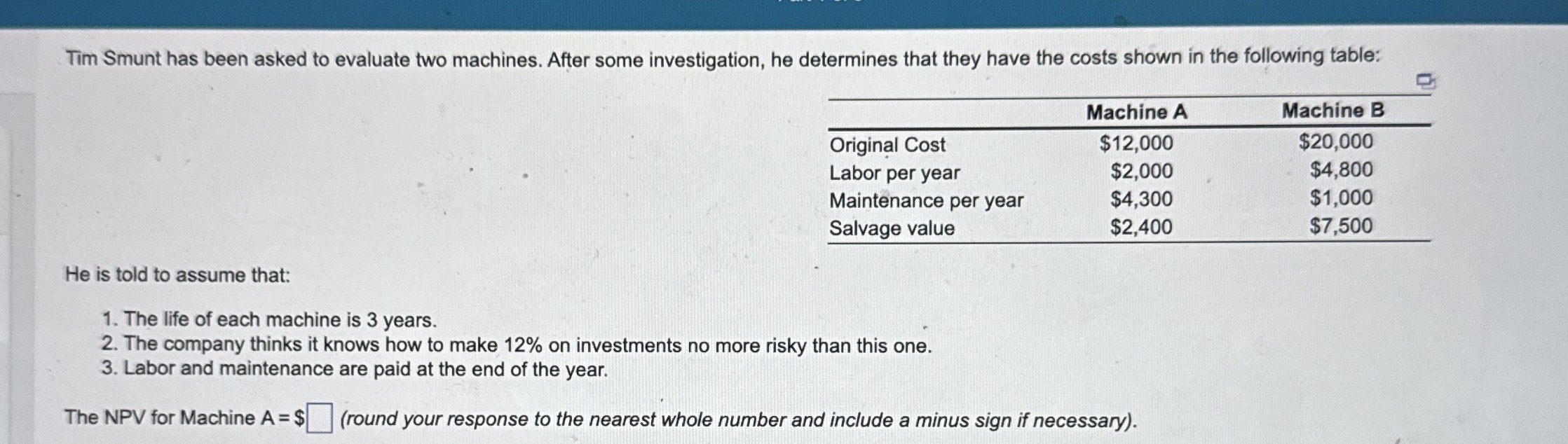 Solved Tim Smunt has been asked to evaluate two machines. | Chegg.com