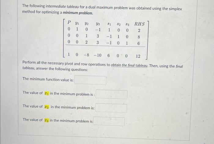 Solved The following intermediate tableau for a dual maximum | Chegg.com