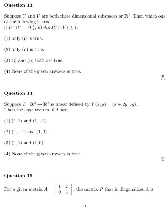 Solved Suppose U and V are both three dimensional subspaces | Chegg.com