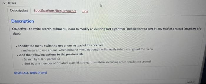 Solved Objective: to write search, submenu, learn to modify | Chegg.com