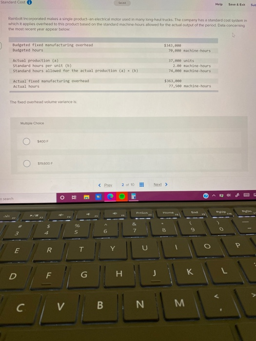 Solved Standard Cost Saved Help Save & Exit Sul Rainbolt | Chegg.com