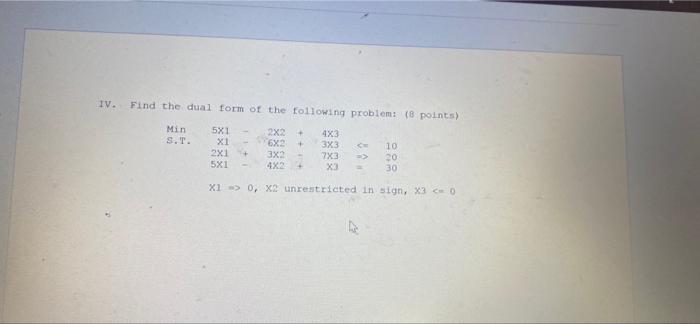 Solved IV. Find the dual form of the following problem: (8 | Chegg.com