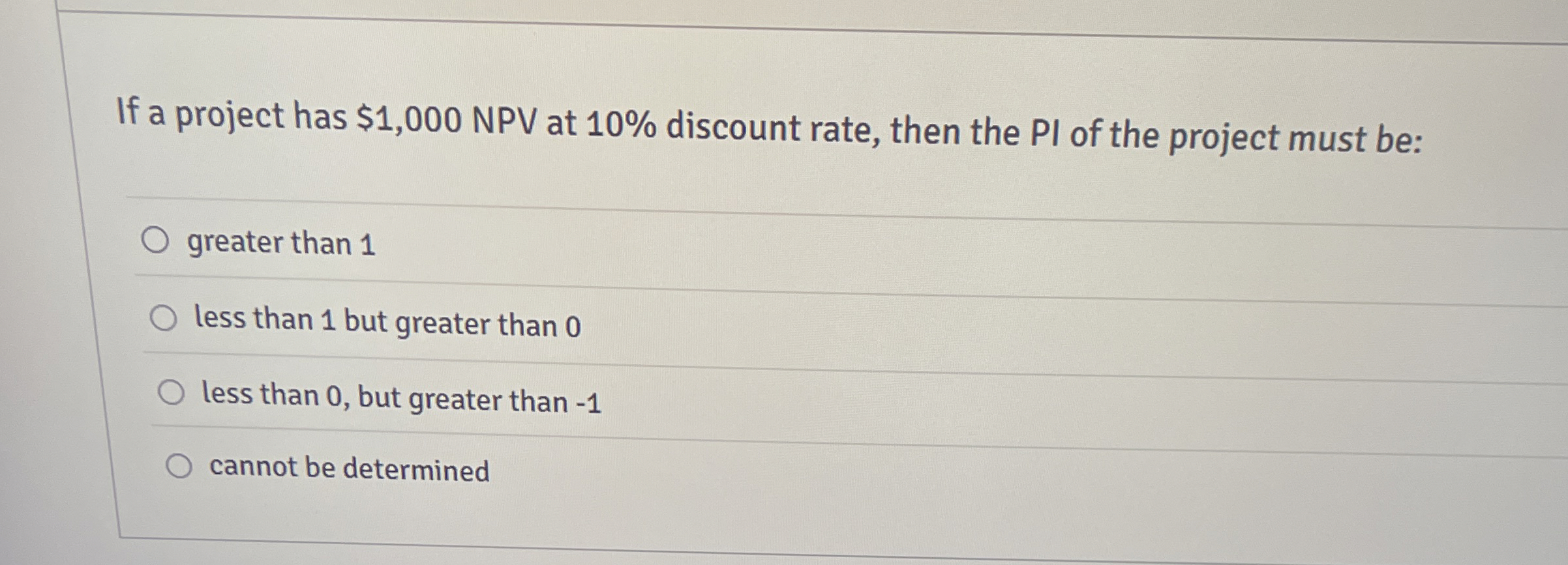 Solved If a project has $1,000NPV ﻿at 10% ﻿discount rate, | Chegg.com