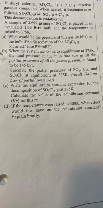 Solved Sulfuryl chloride, SO2Cl2, is a highly reactive | Chegg.com