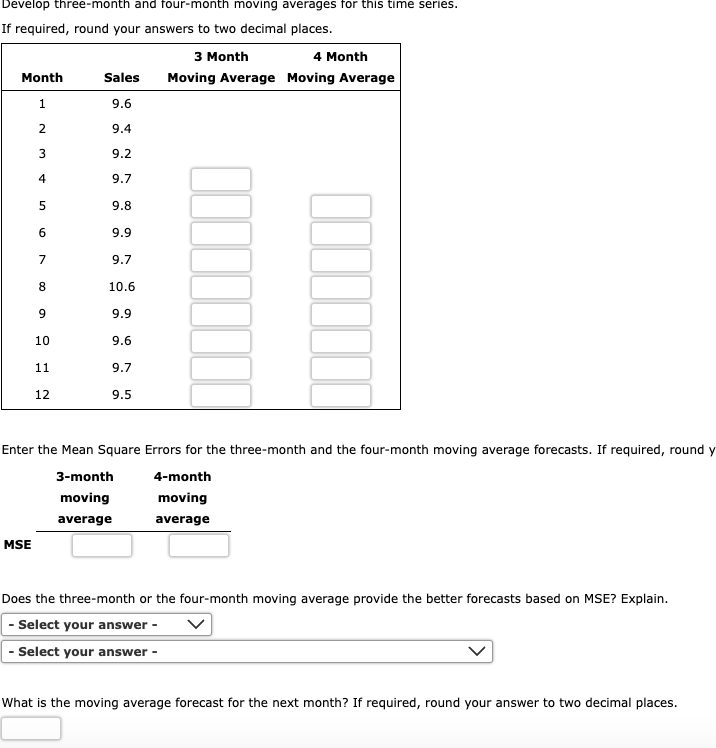 Solved Develop three-month and four-month moving averages | Chegg.com