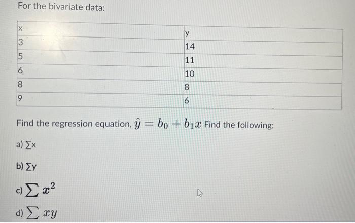 Solved For the bivariate data: Find the regression equation, | Chegg.com