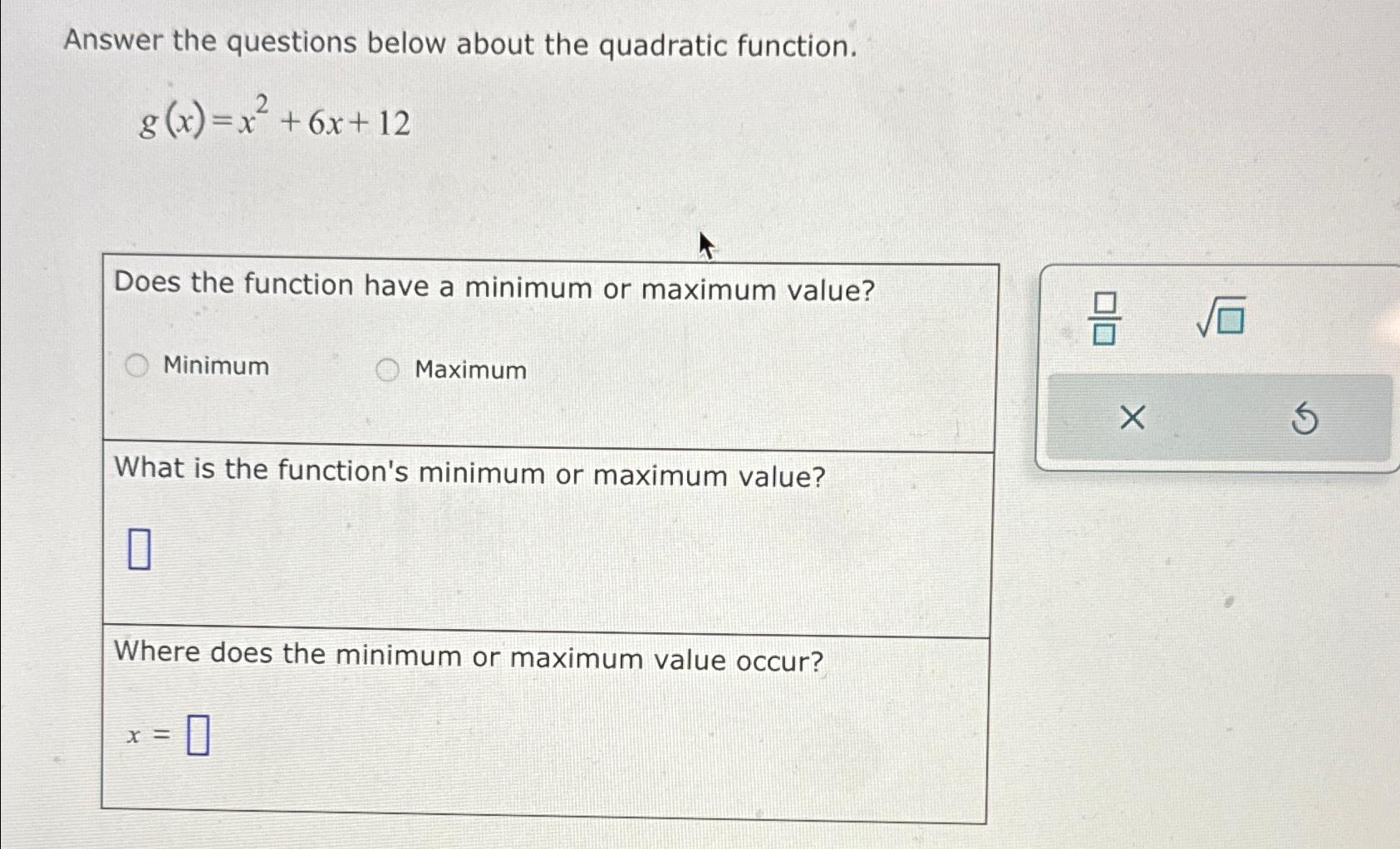 Solved Answer the questions below about the quadratic | Chegg.com