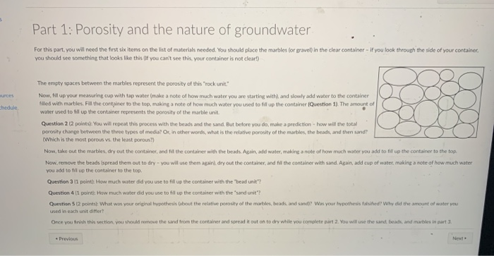 Solved Part 1: Porosity and the nature of groundwater For | Chegg.com