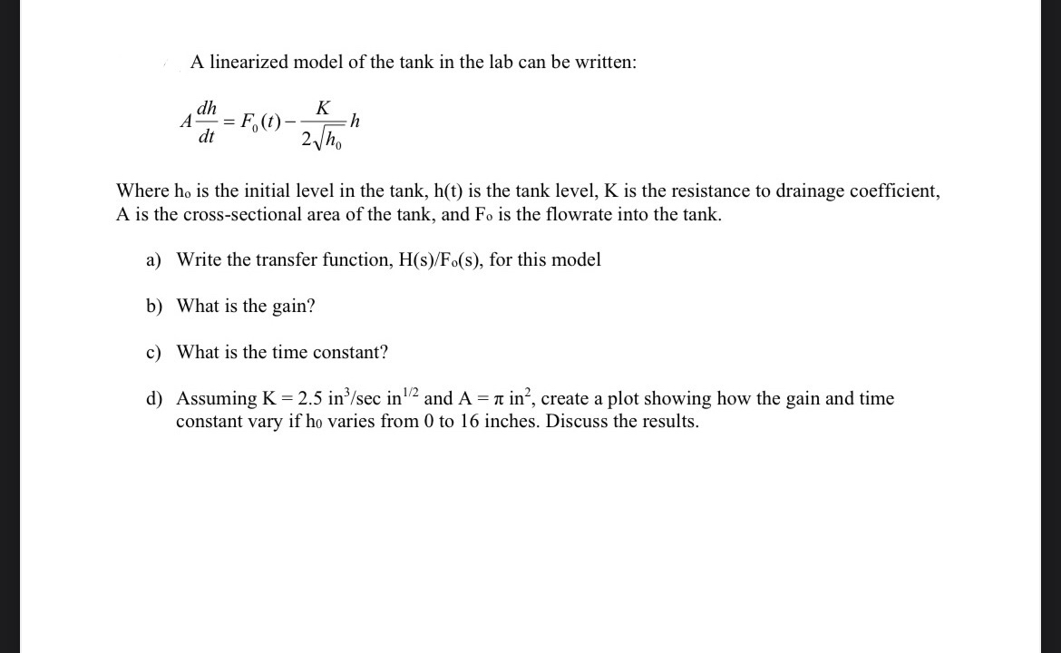 Solved A linearized model of the tank in the lab can be | Chegg.com
