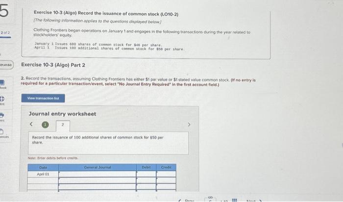 Solved Exercise 10-3 (Algo) Record the issuance of common | Chegg.com