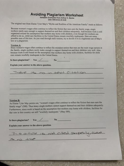 Solved Avoiding Plagiarism Worksheet Verbatim Examples from | Chegg.com