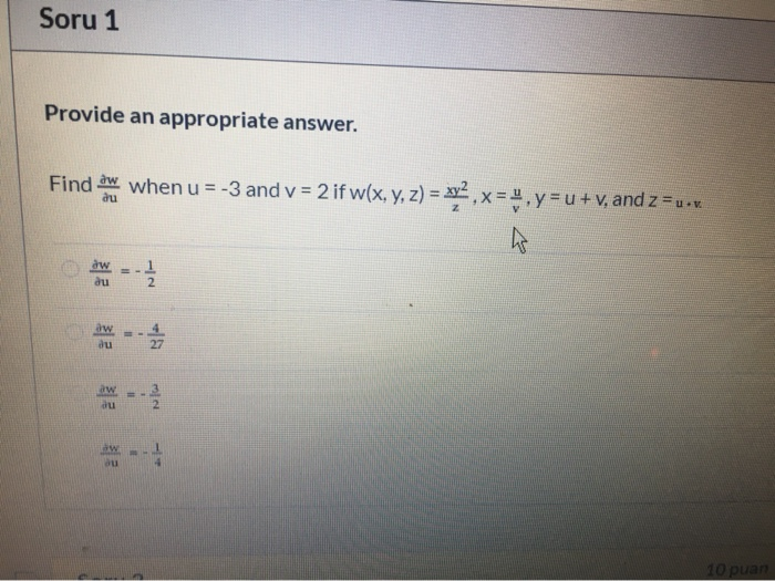 Solved Soru 1 Provide an appropriate answer. Find when u =-3 | Chegg.com