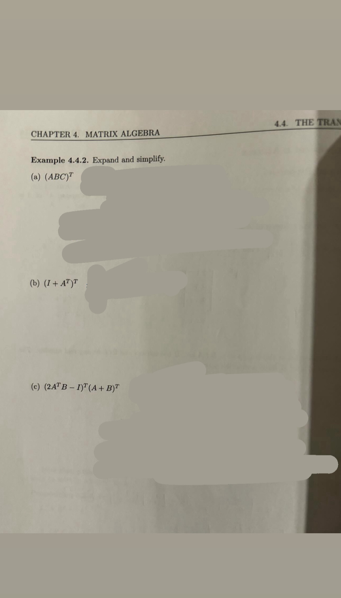 Solved CHAPTER 4. ﻿MATRIX ALGEBRA4.4. ﻿THE TRANExample | Chegg.com