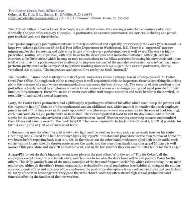 The Foster Creek Post Office Case Cohen, A. R., Fink, | Chegg.com